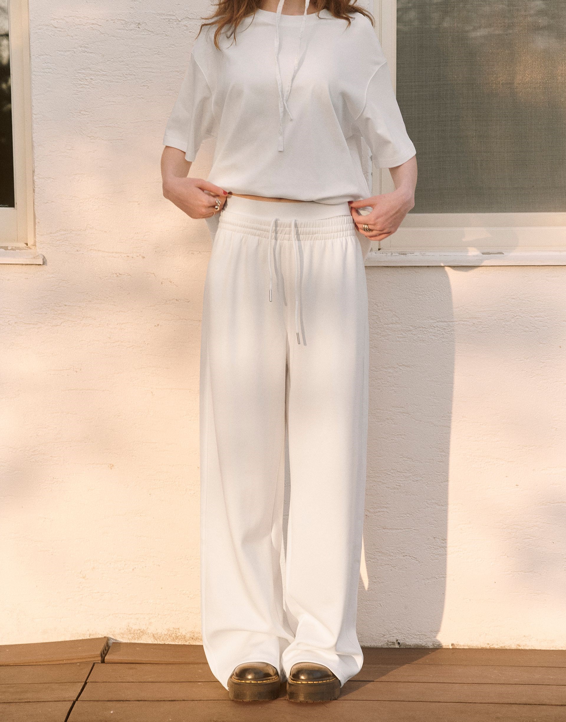 腰結鬆緊抽繩拼接造型直筒寬褲(太空棉) ｜ PAZZO 生活好感衣著